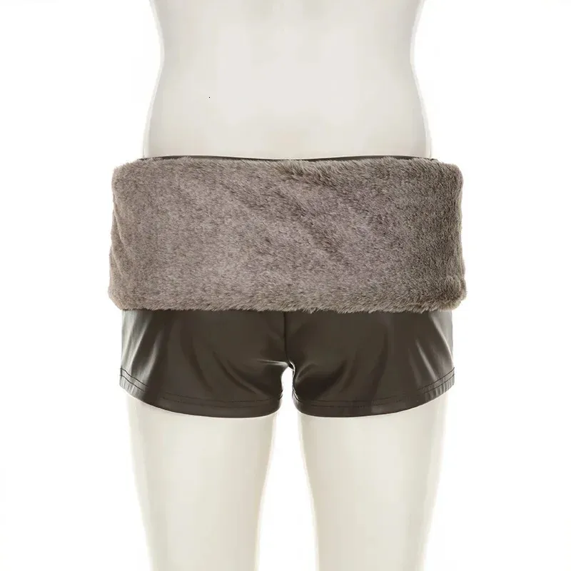 Sexy Two Piece Women's Faux Leather Shorts and Fluffy Fur Buckle Belt ...