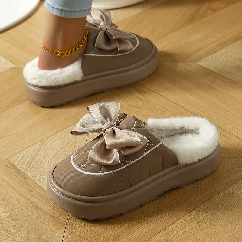 Bow Fluffy Women's Slippers Home Winter Indoor Shoes Girls Plush Casual ...