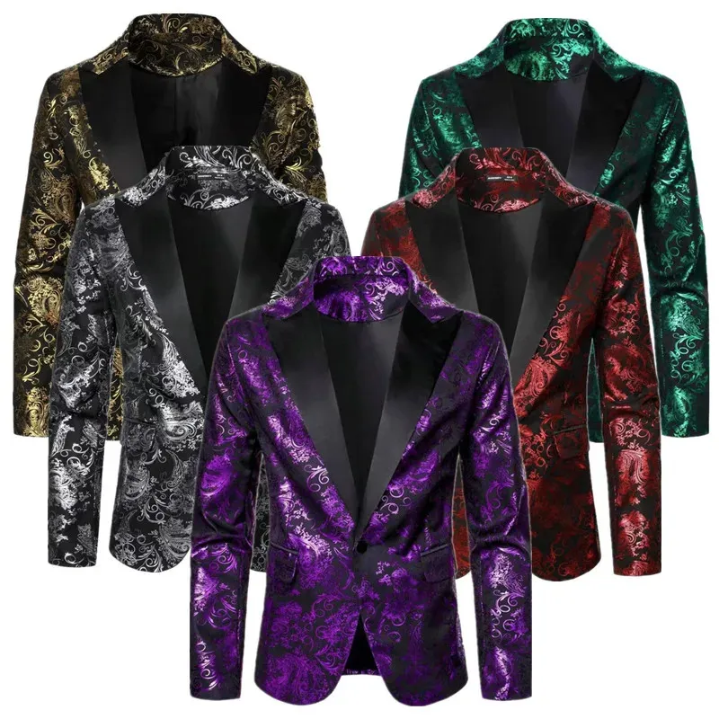 Fashion Men Gold Velvet Floral Blazer Thin Single Button Suit Jacket ...