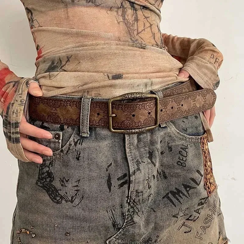 Brown Floral Embossed Belt, Vintage American Y2K Hip Hop Style ...