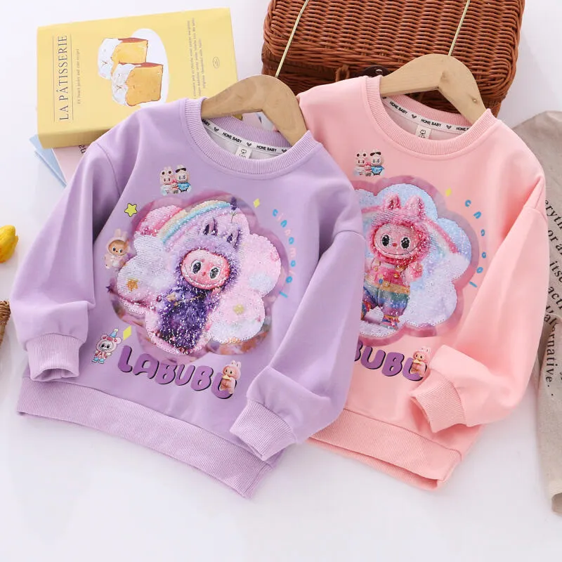 Labubu Girls' Hoodie: Children's Cotton Round Neck Pullover with ...