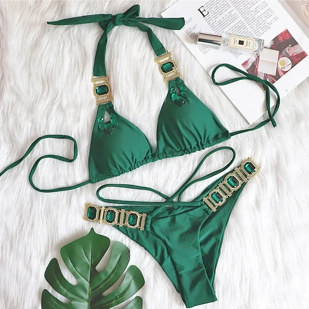 Sexy Green Rhinestone Thong Bikini for Women, Push Up Glitter Diamond ...