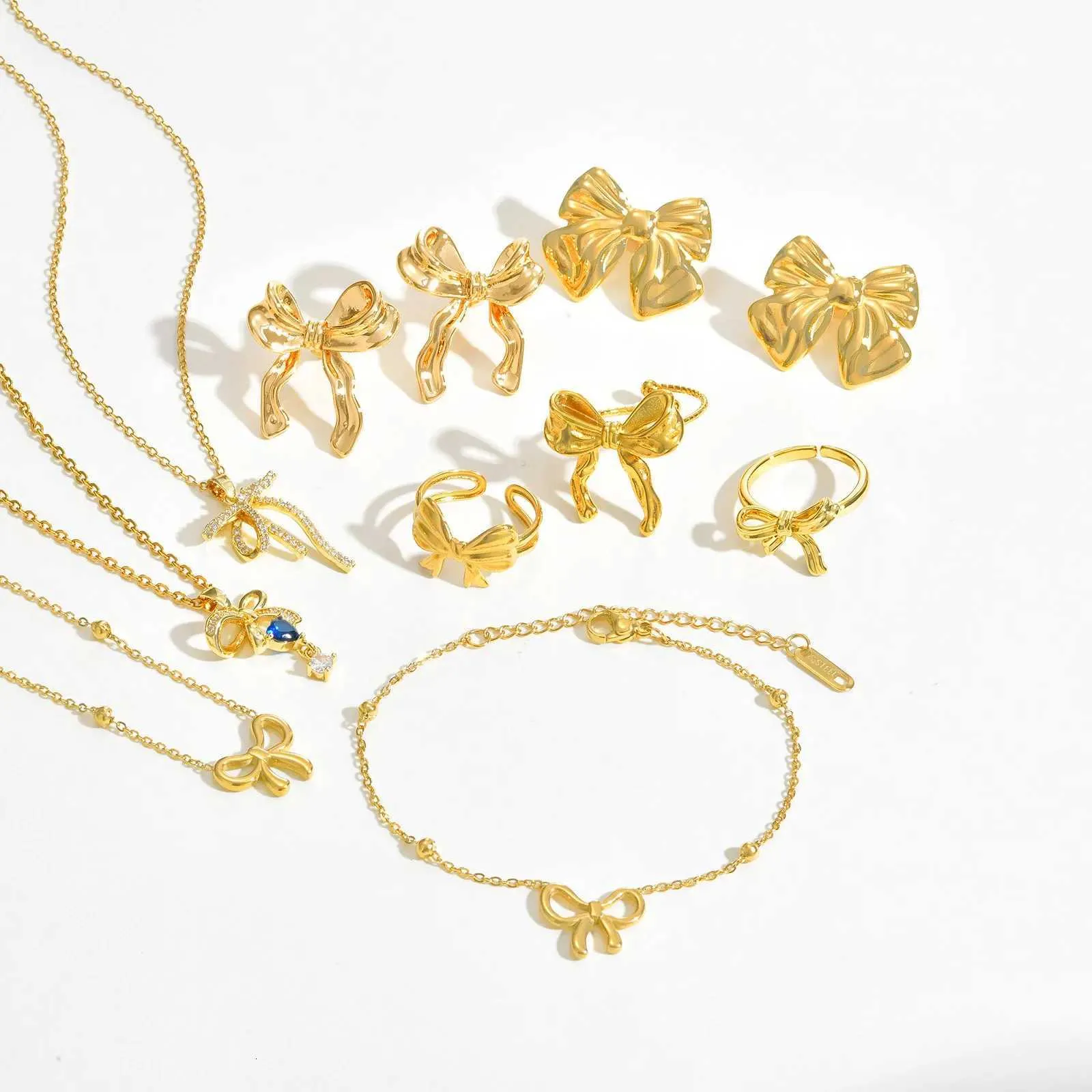 Vnox Sweet Bowknot Necklace Finger Ring Ear Jewelry Gold Plated Simple ...