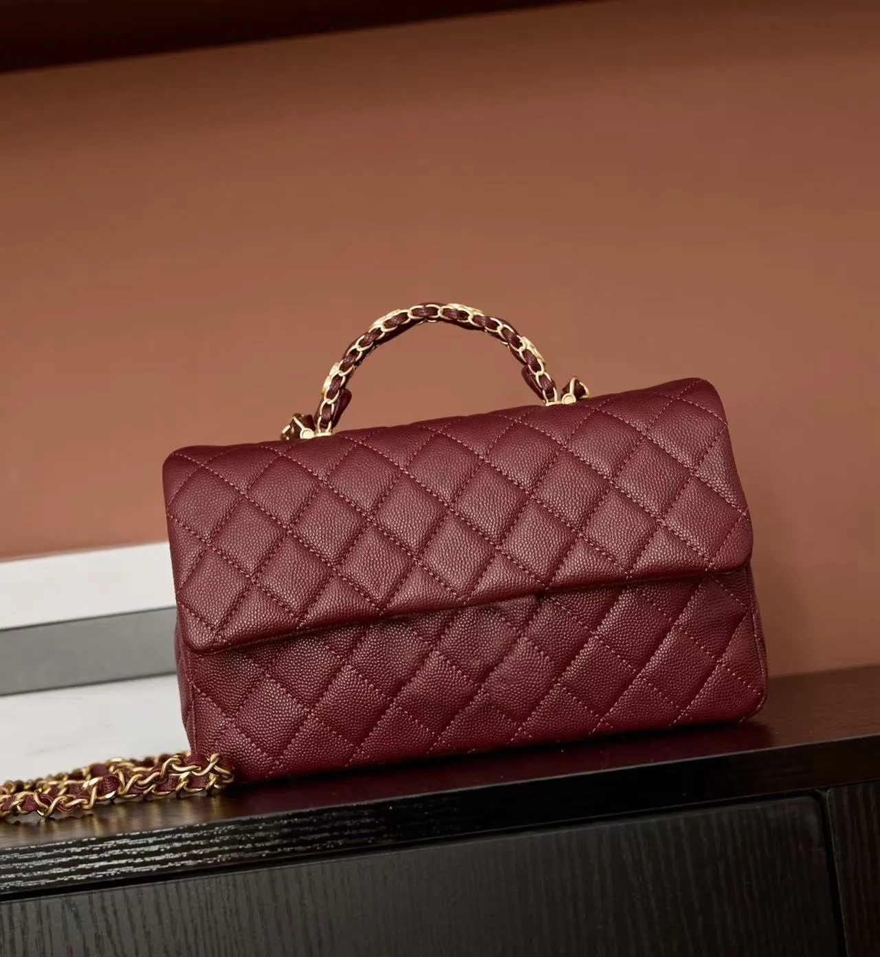 Pink Top Handle Bag, 23cm, 2026 Fall Winter 12a Mirror Quality Grained ...