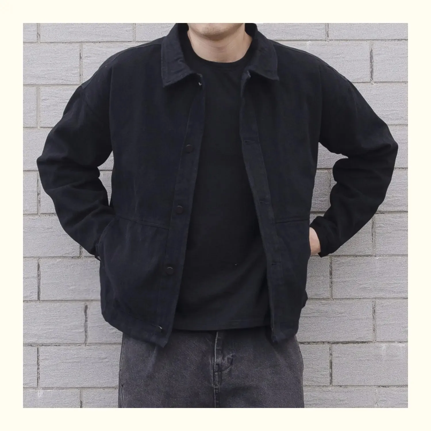 Men's Denim Coat Jacket Solid Color Turn-Down Collar Full Sleeve Single ...