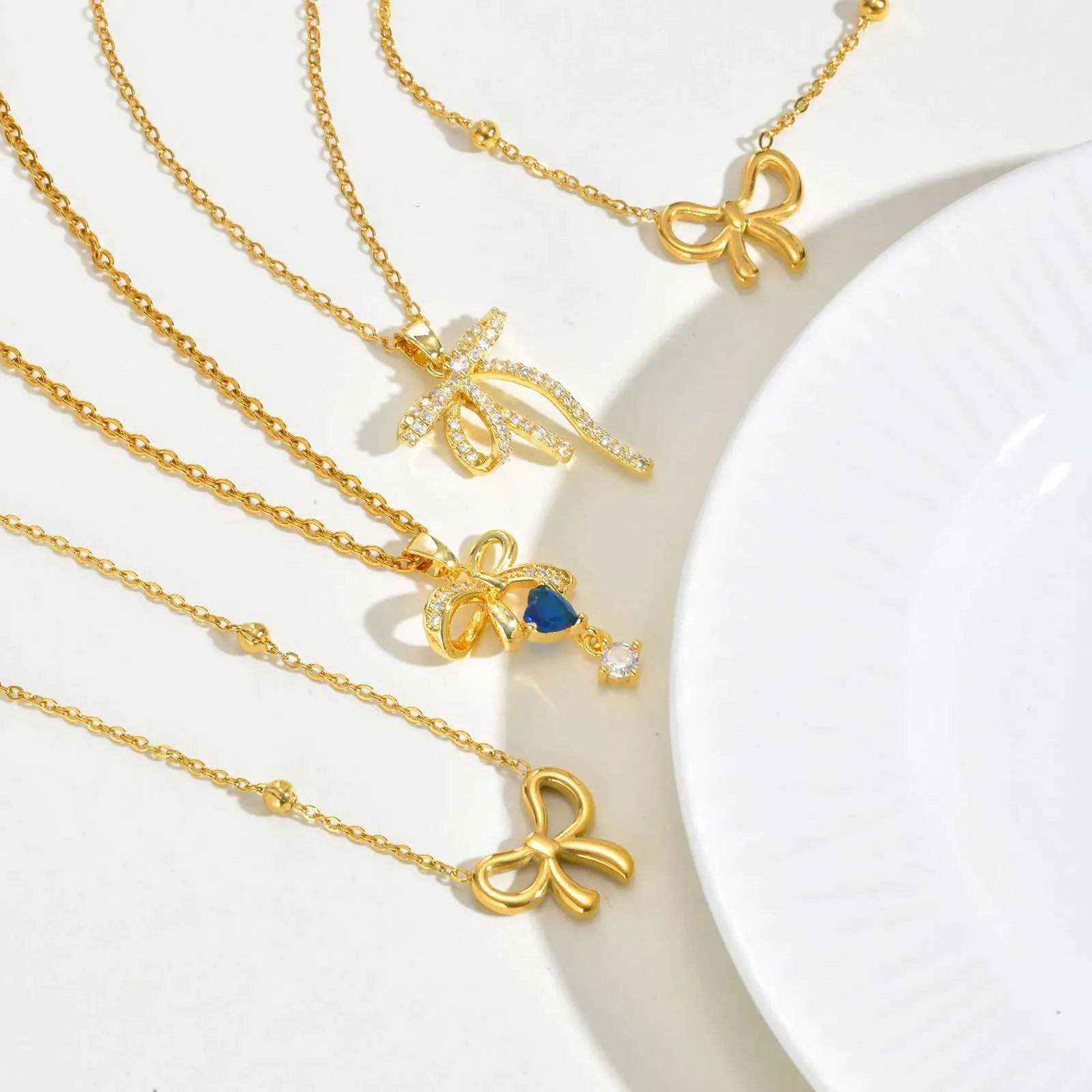 Vnox Sweet Bowknot Necklace Finger Ring Ear Jewelry Gold Plated Simple ...