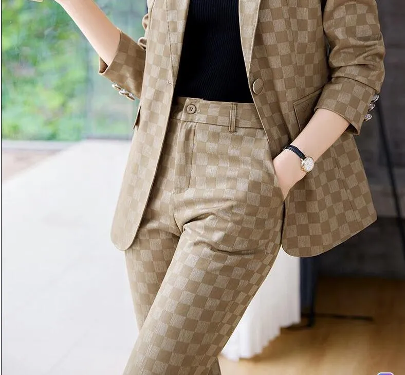 Designer Womens Plaid Suit Set High Quality Blazer Jacket And Pants For ...