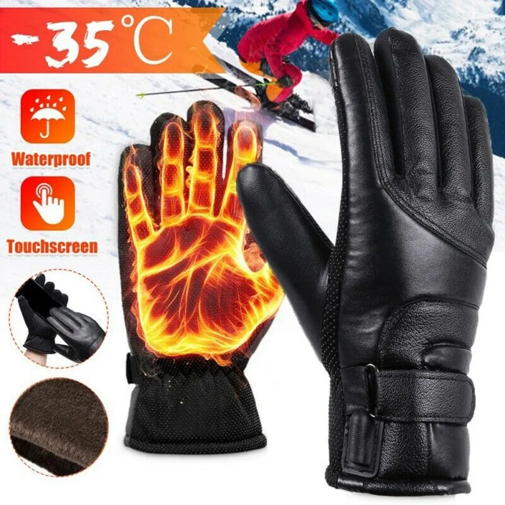 USB Winter Electric Warming Gloves PU Leather Thermal Heated Soft Hand ...