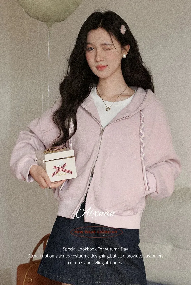 Alxnan Women's Pink Hoodie: Zipper Sweatshirt with Twisted Drawstring ...