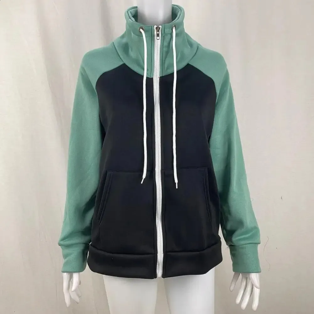 Drawstring Women's Hoodie Zipper Hooded Fleece Contrast Color Cardigan ...