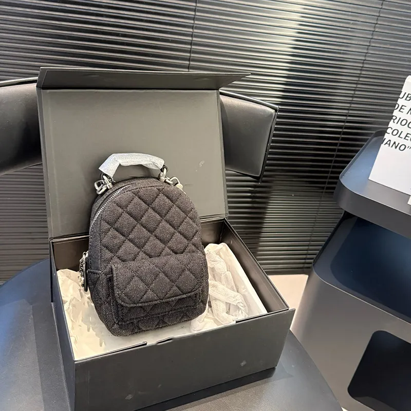 Women's Designer Denim Mini Vanity Backpack Bag, Silver Matelasse Chain ...