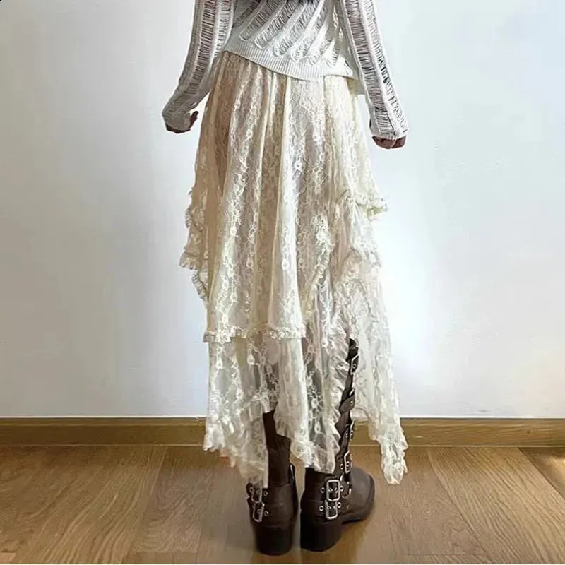 Lace Asymmetrical Skirt: Women's Vintage Y2K Boho Aesthetic Fashion ...