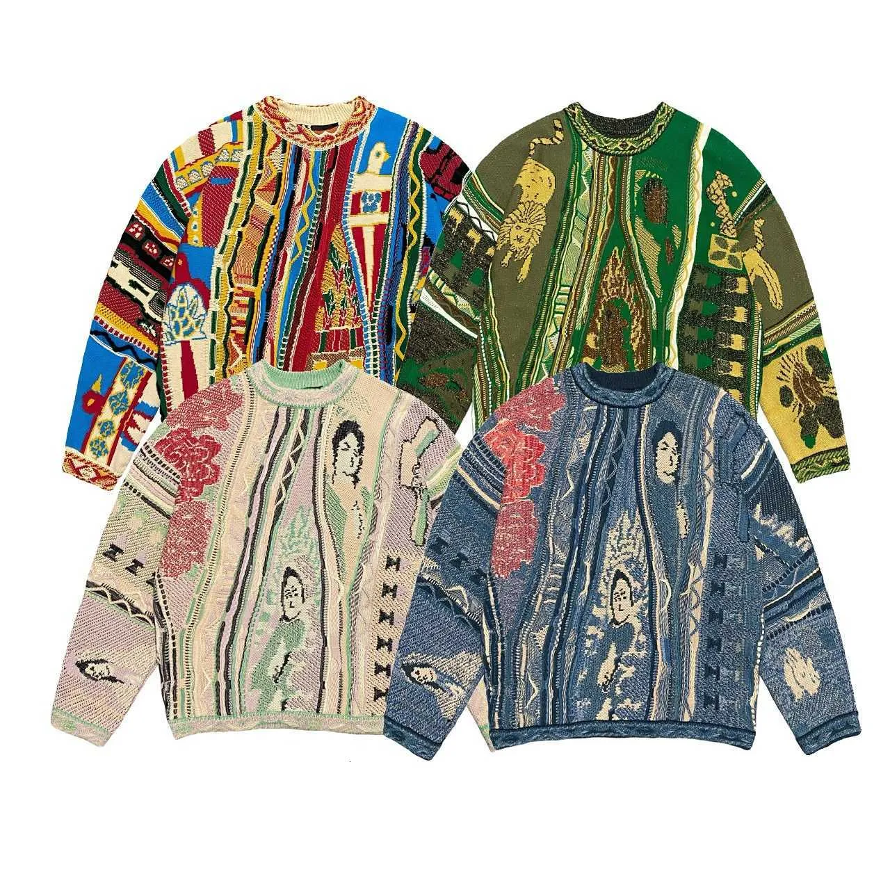 Mens Jacquard Acrylic Knit Sweater Pullover Crew Neck Loose Fit Animal ...