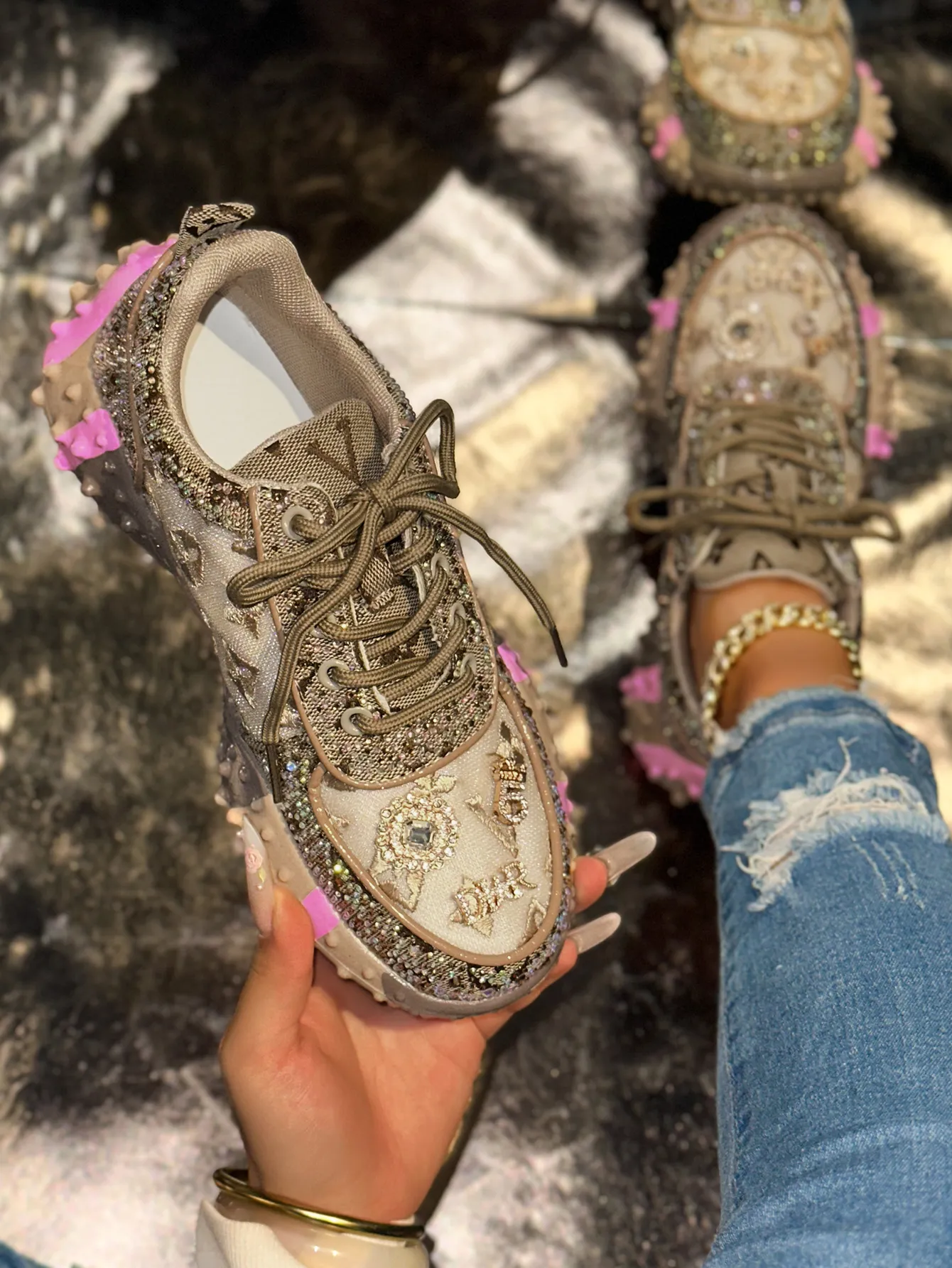 Luxury Women's Leather Sneakers with Rhinestones Platform Thick Sole ...