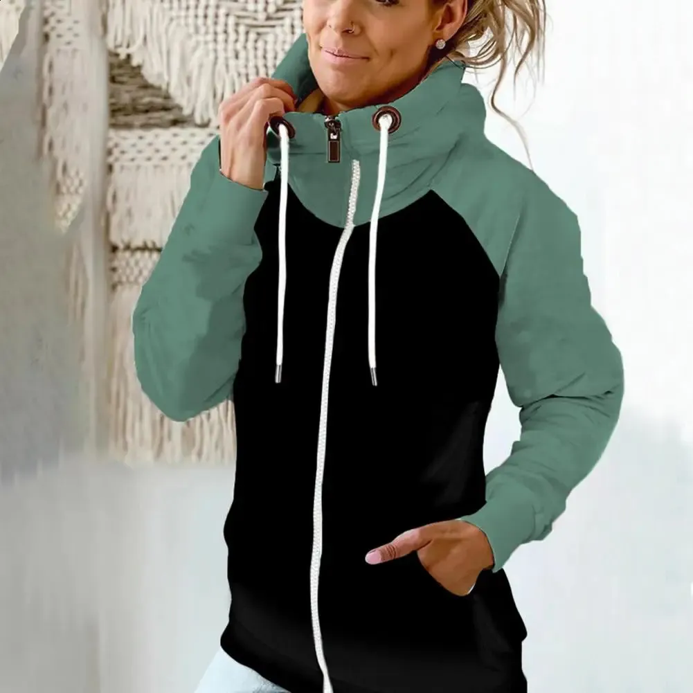 Drawstring Women's Hoodie Zipper Hooded Fleece Contrast Color Cardigan ...