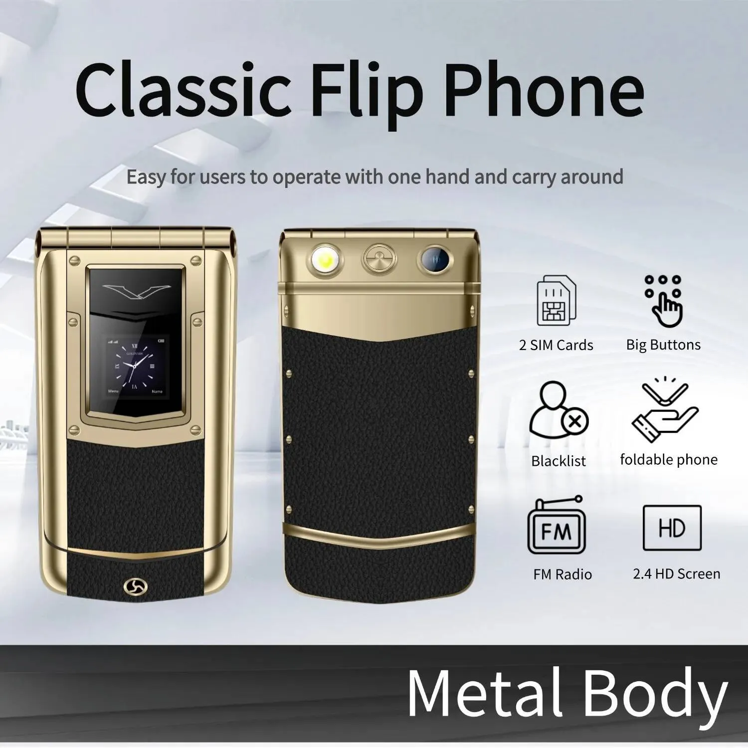 Metal Flip Phone for Men: SIM Business, Big Button, Dual Screen, Magic ...