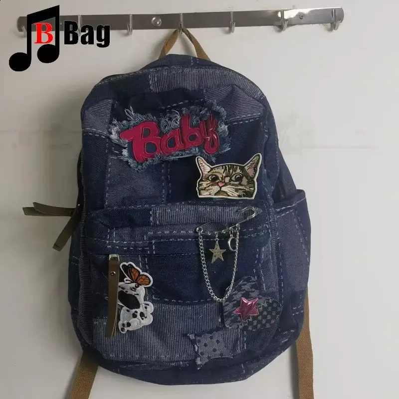 Harajuku Y2K Girl Denim Lattice Backpack Large Capacity Student Book ...