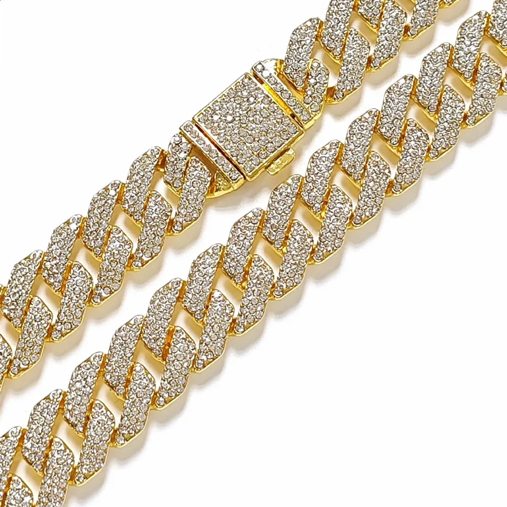 16mm Prong Cuban Link Chain Hip Hop Necklace for Men, 3 Rows Rhinestone ...