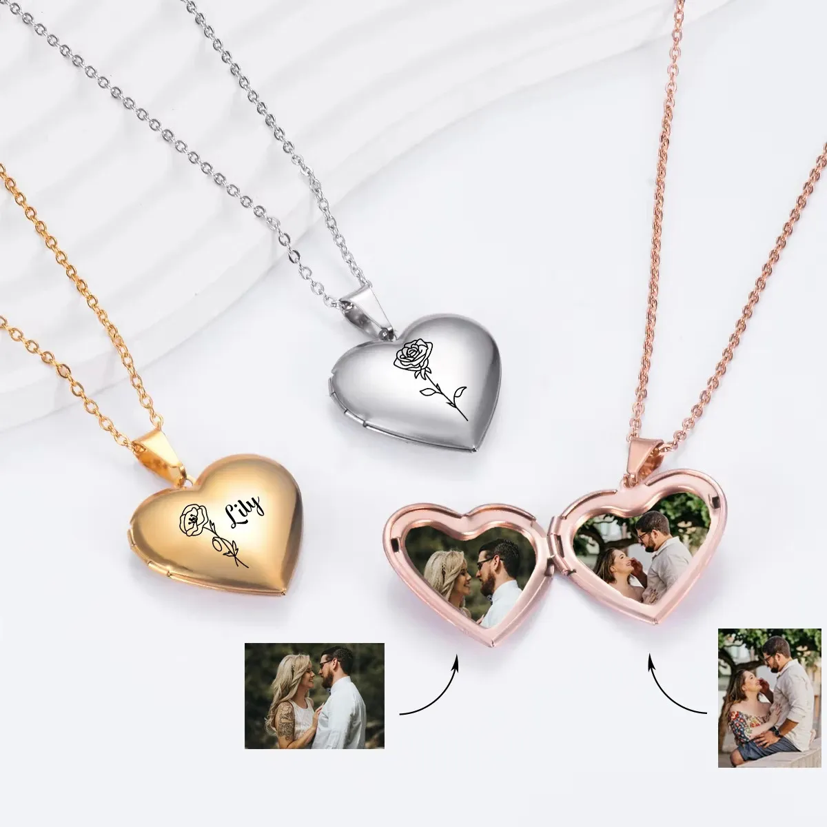 Personalized Stainless Steel Heart Birth Flower Locket Necklace For ...