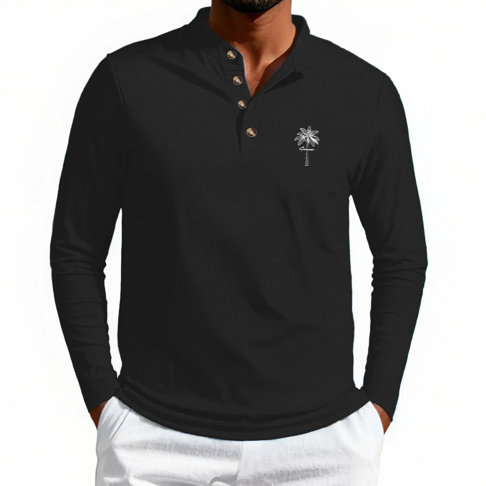 Autumn Men's Long Sleeve Polo Shirt with Coconut Tree Print, Solid ...