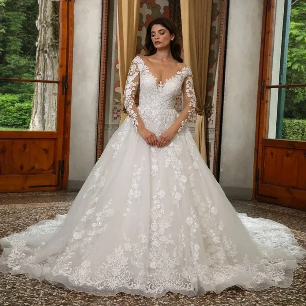 Elegant Church Wedding Dress 2026 V-Neck Lace Appliques Pleated Buttons ...