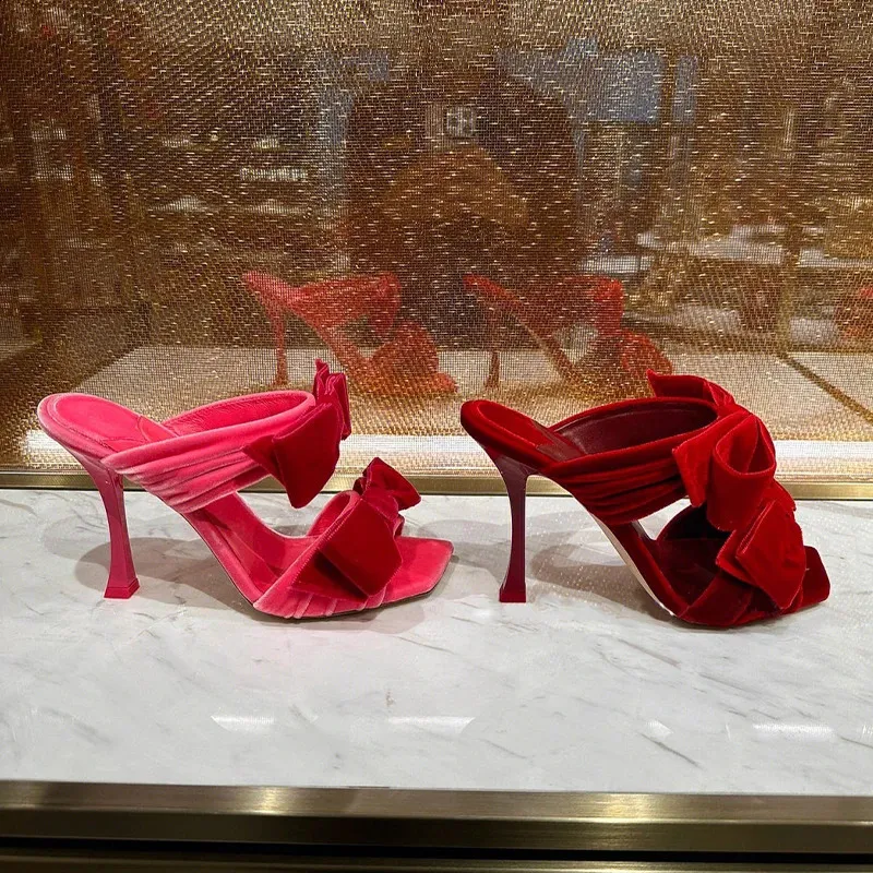Bow Sugar Pink Pile Sandals Square Toe Open Toe Stiletto Heels For ...