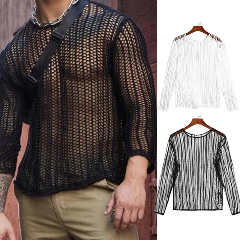 Wholesale Mens Sheer Mesh Long Sleeve Tops See Through Fishnet Clubwear ...