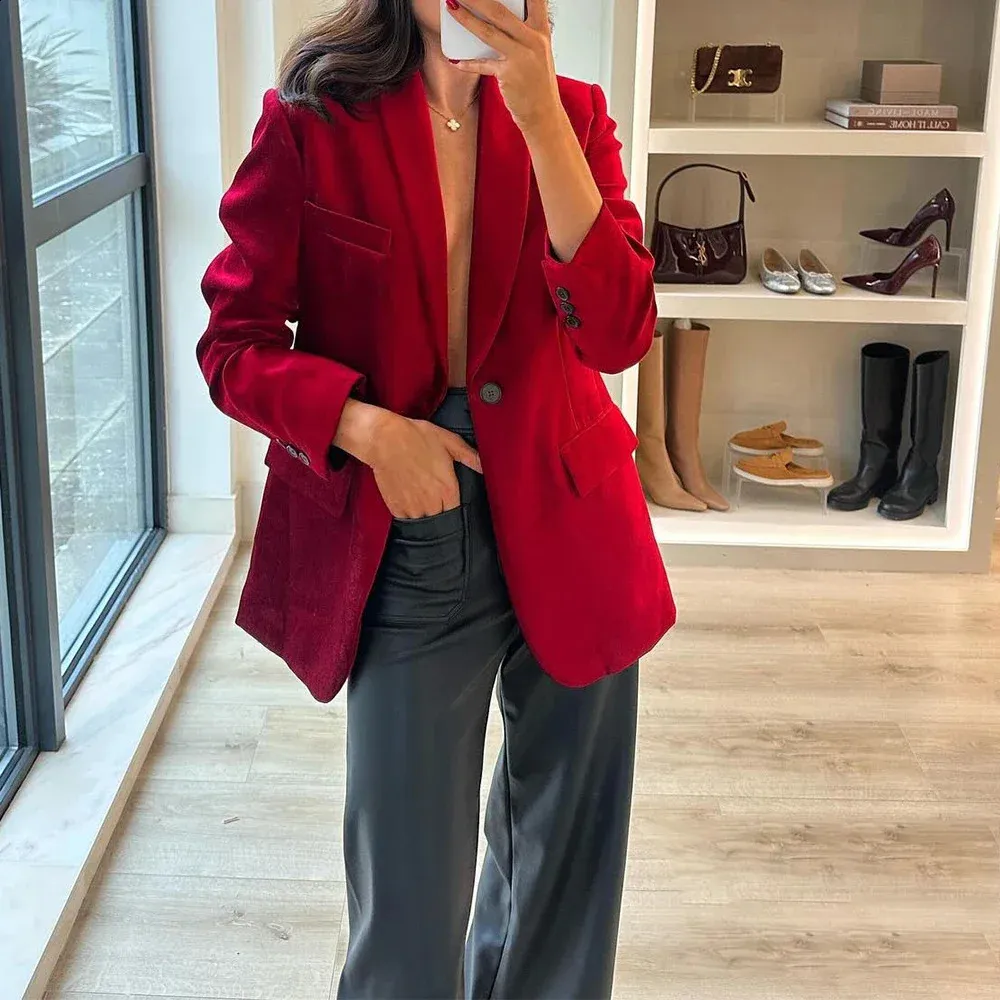 Vintage Chic Red Velvet Oversized Blazers Women Long Sleeve V Neck ...