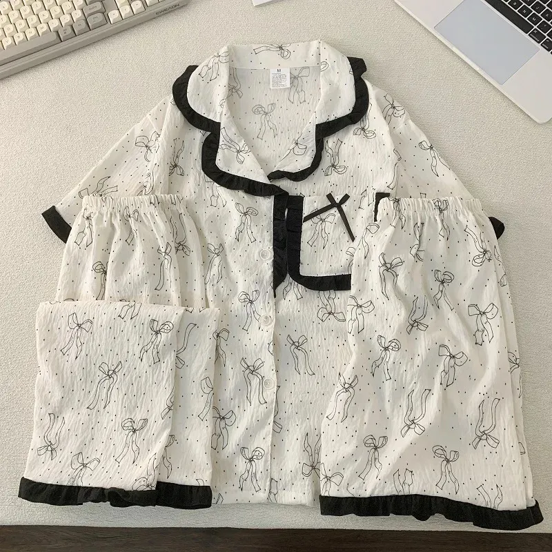 Bow Tie Dot Print Pajamas Set, French Aesthetics, Plus Size, Korean ...
