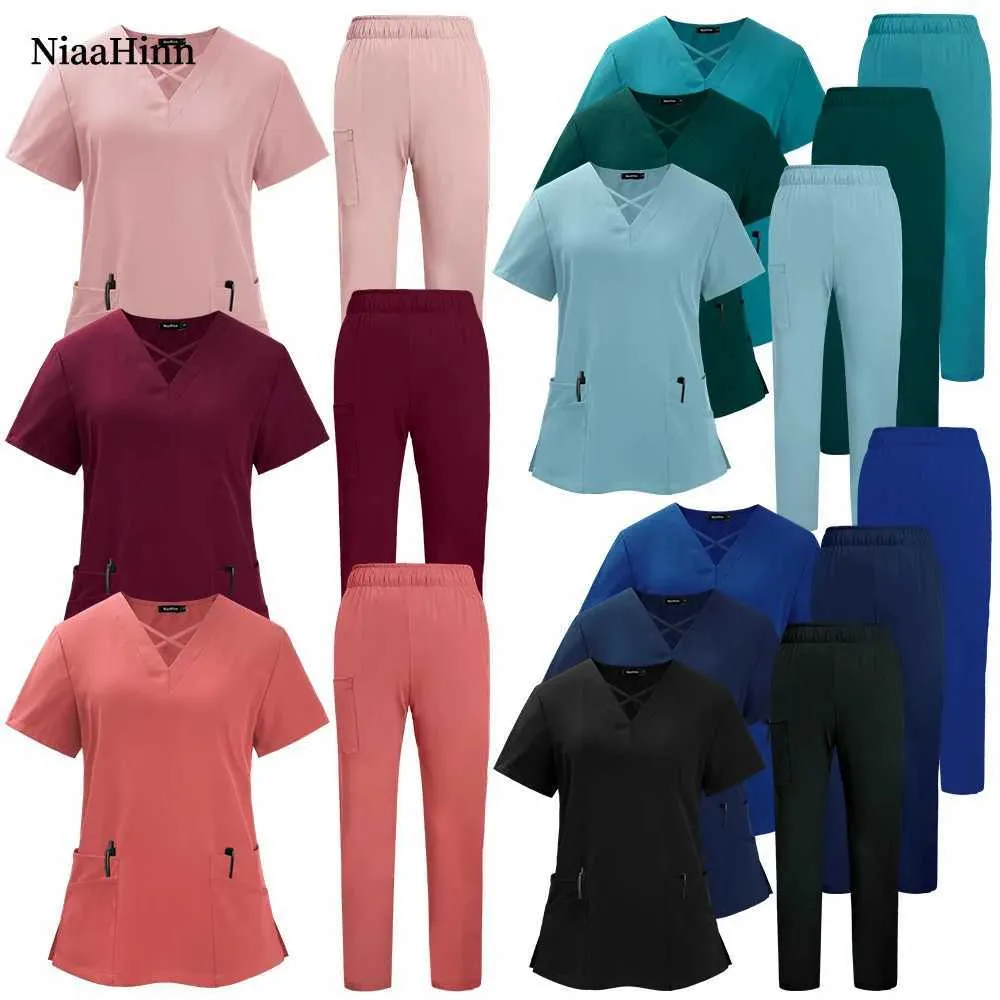 NiaaHimn Women's Sleeveless V Neck Scrubs Set With Crossed Neckline ...