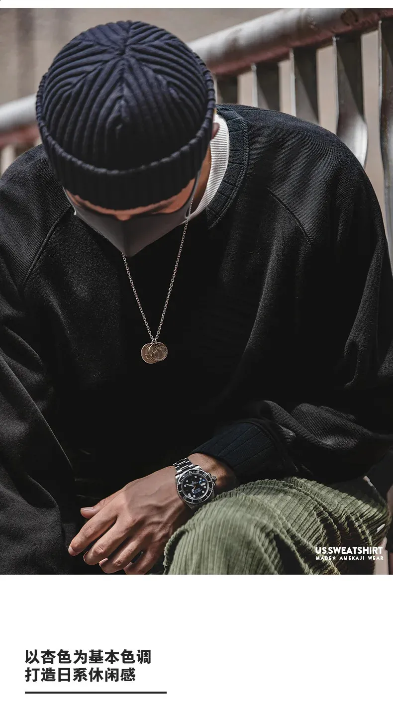 Maden Vintage Crew Neck Sweatshirt for Men, Solid Color Cotton Pullover ...