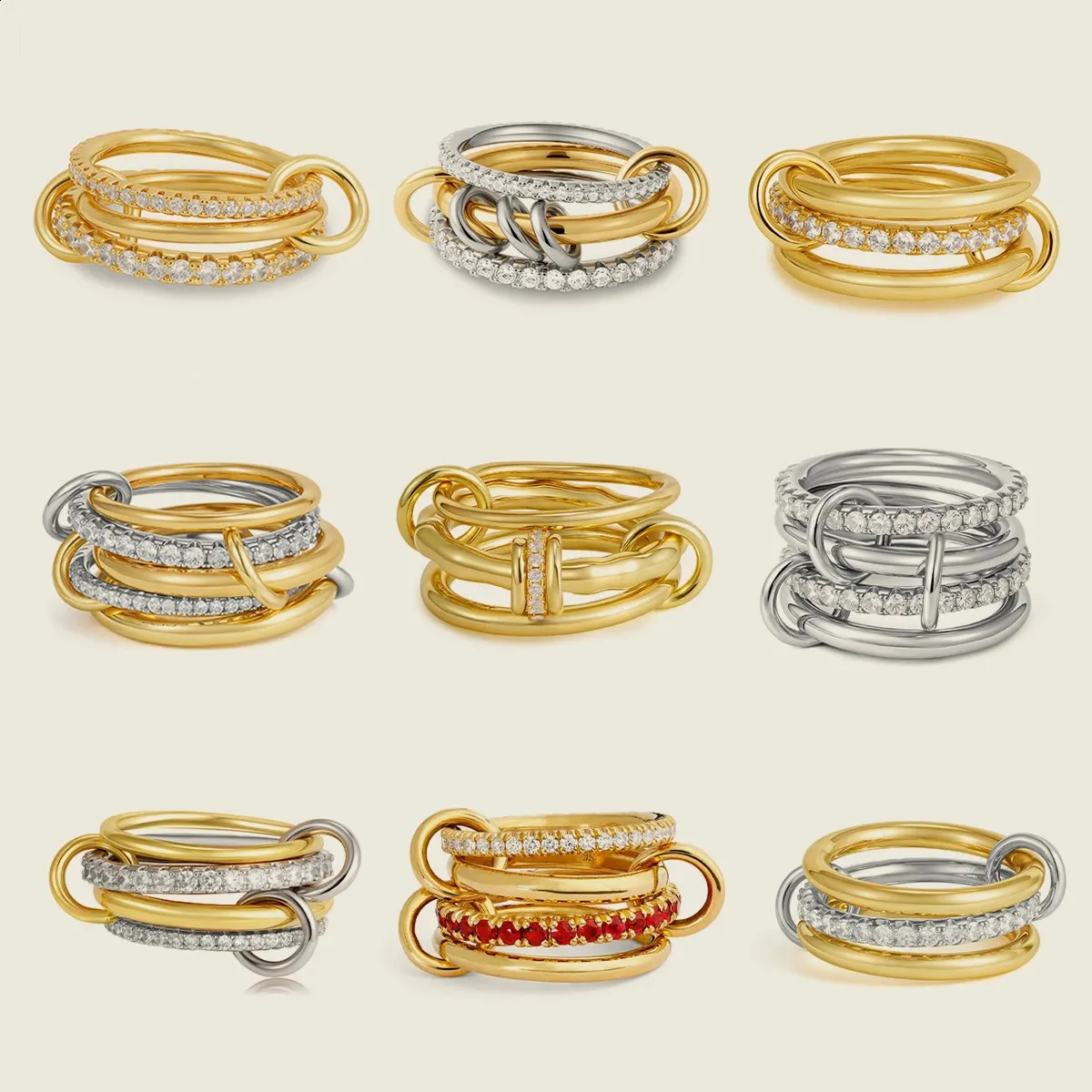 Cubic Zirconia Gold Plating Multilayer Connecting Rings for Women ...