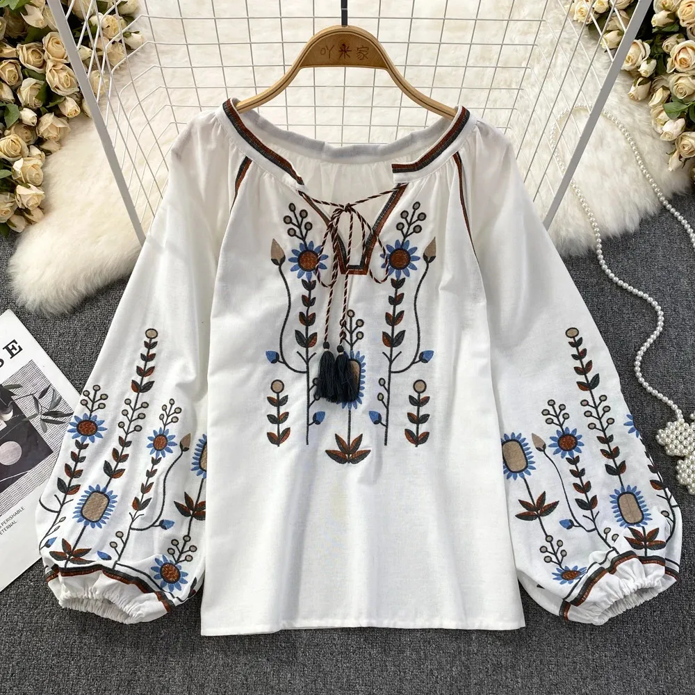 Women's Spring Blouse Ethnic Style Retro Literature Loose Embroidered ...