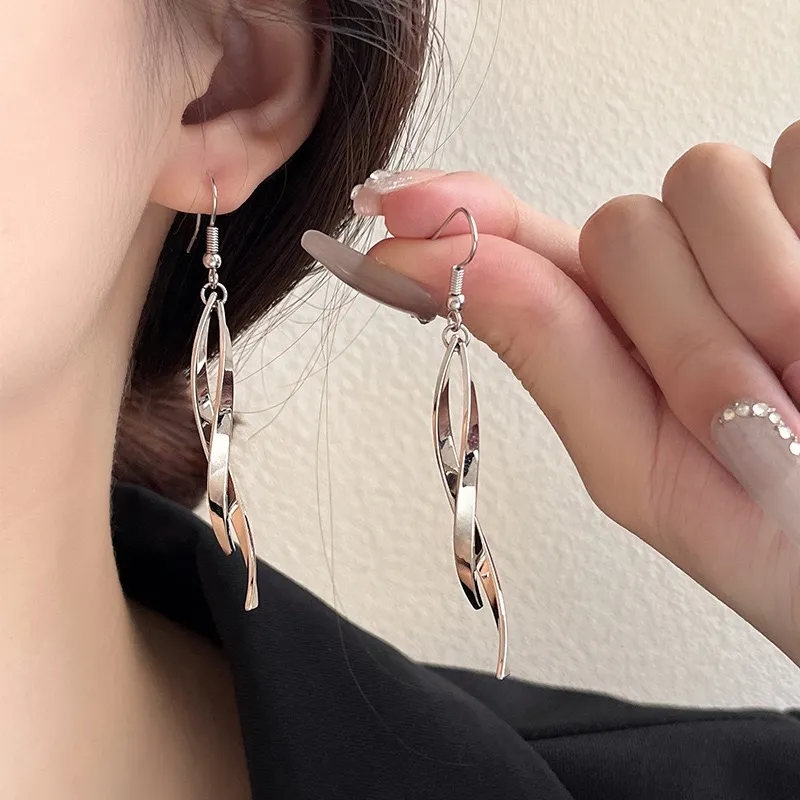 Fishtail Crossed Line Fringed Chain Hoop Earrings For Women Long ...