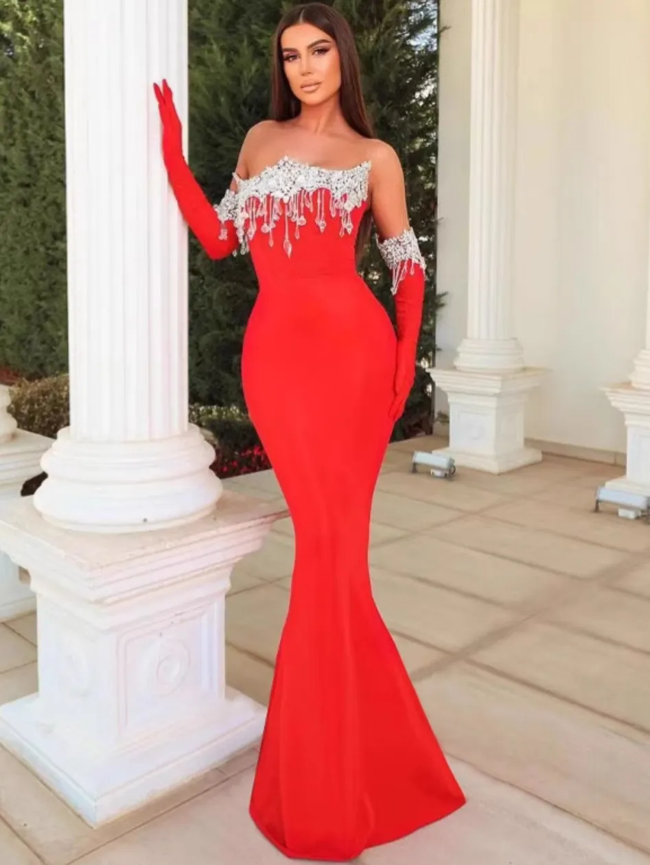 2025 Mermaid Beaded Red Maxi Evening Dress In 2 Popular Colors Red Prom ...