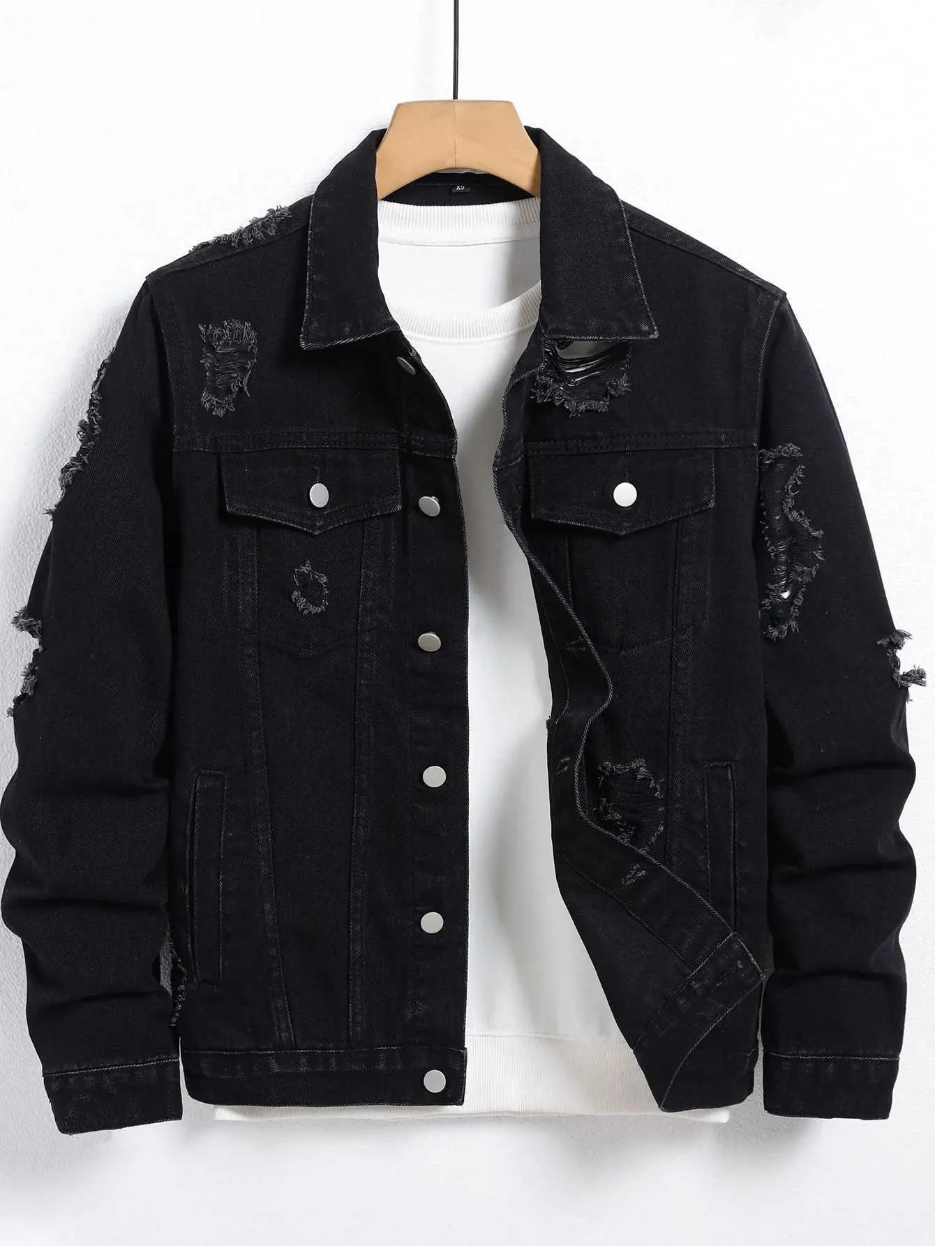 Men's Black Denim Jacket - Regular Fit, Ripped Street Fashion, Casual ...