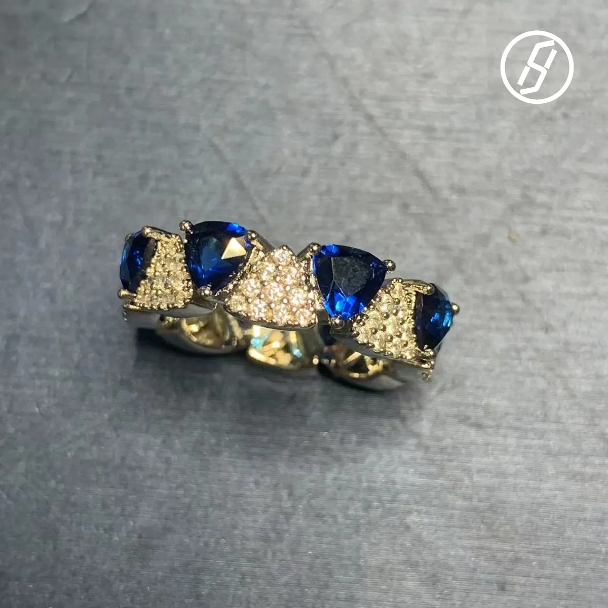 Ocean Blue Triangle Diamond Ring S925 Sterling Silver Skirt Maple Leaf ...