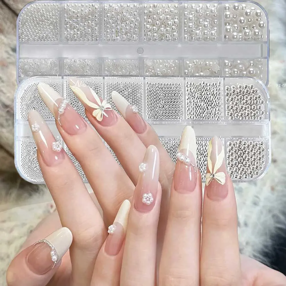 24 Grids Mixed Nail Decoration Set: White Half Round Pearls SS2-SS12 ...