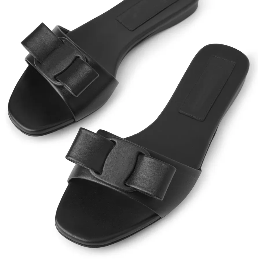 Bulk Vicky Black Leather Slides With Branded Bows And Rounded Toe For ...