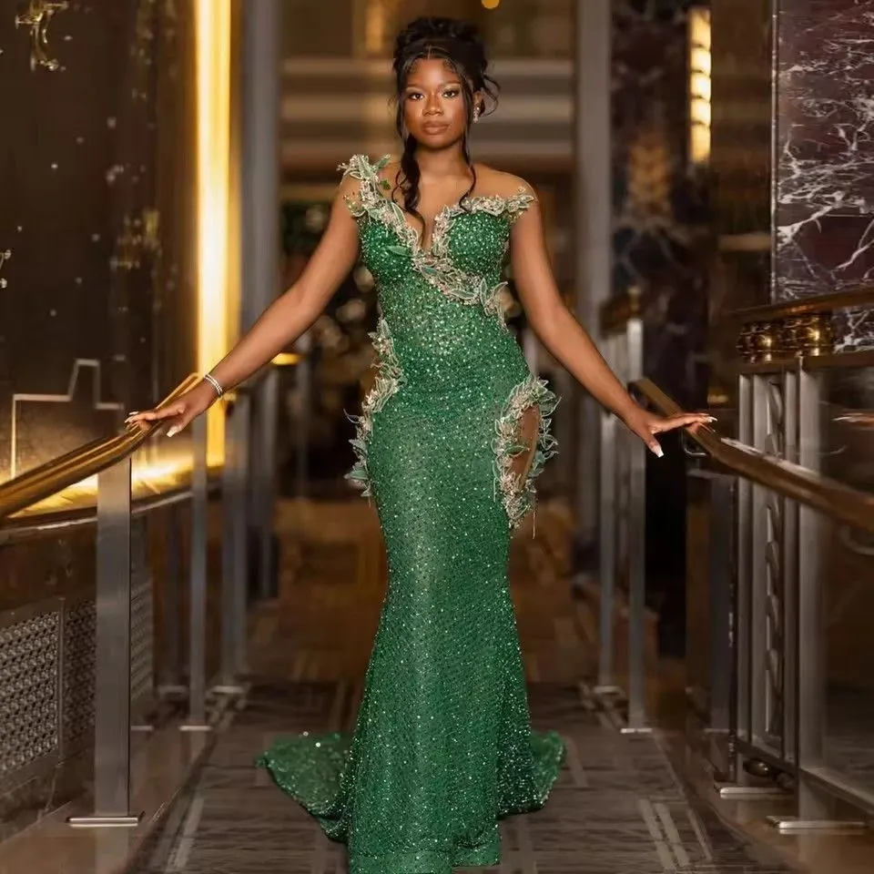 African Luxury Beaded Mermaid Prom Green Prom Dress With Hand Floral ...