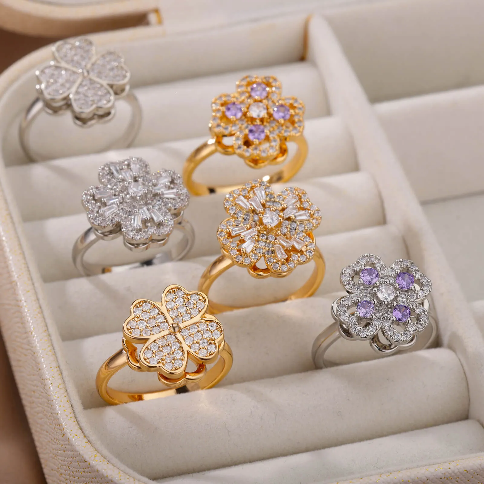 New Rotatable Zircon Flower Open Ring for Women, Unique Design Stress ...