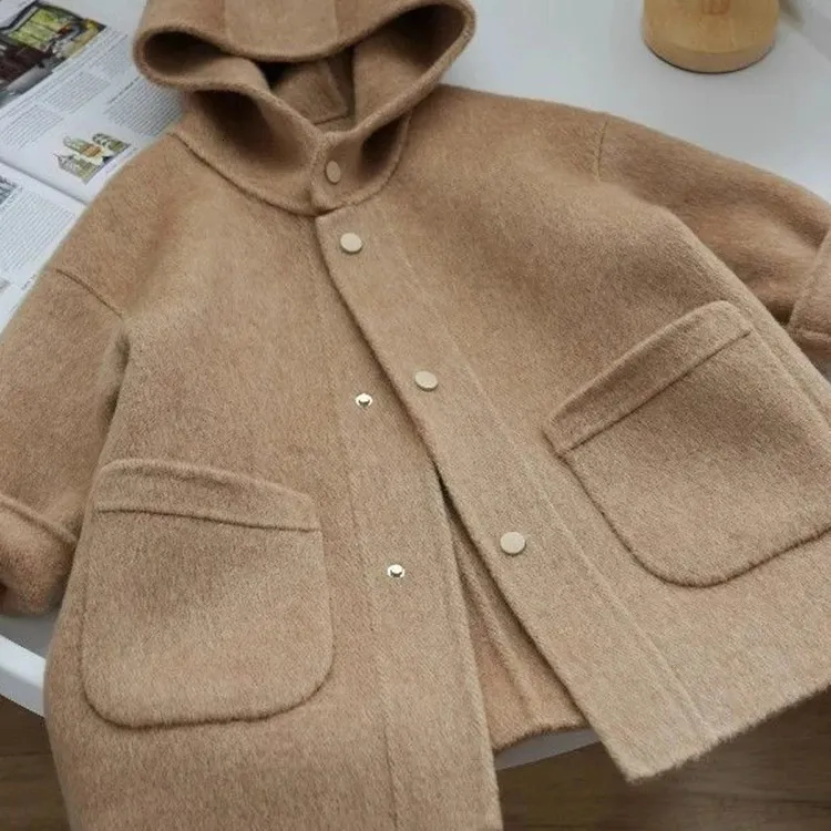 Children's Camel Colored Doublesided Hooded Woolen Coat, Stylish Medium ...