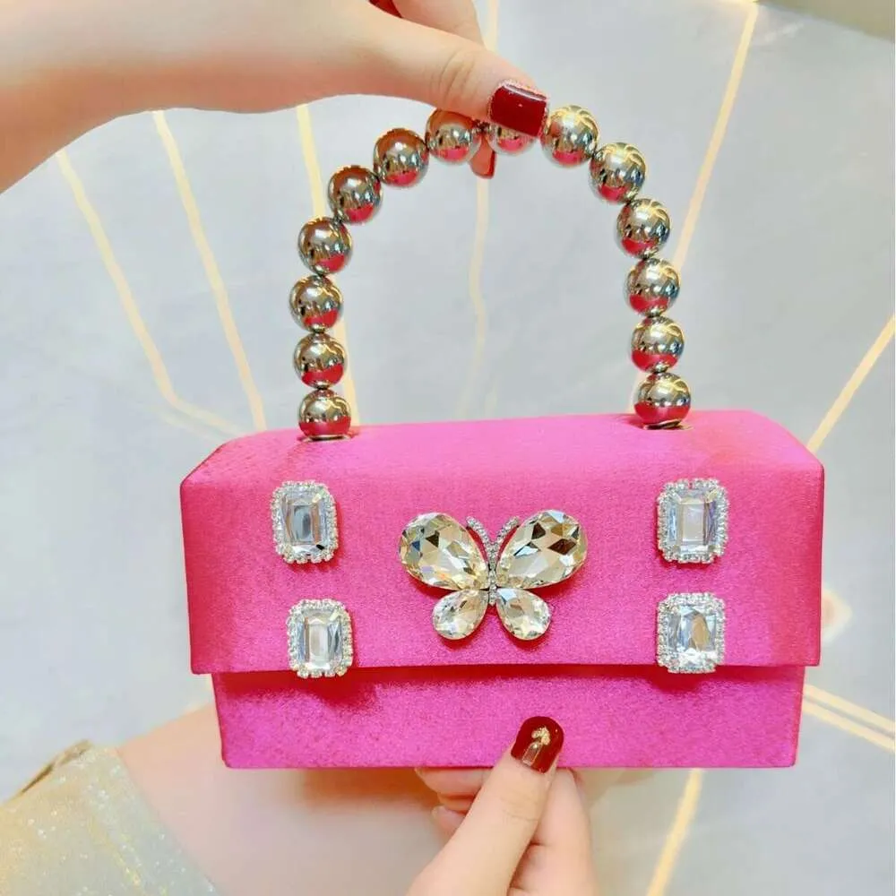 Sparkling Butterfly Rhinestone Hot Pink Handbag Small Square Silk Satin ...