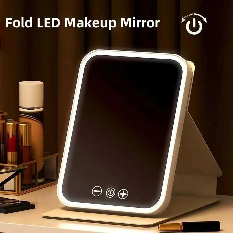 Foldable LED Dimmable Makeup Mirror, Light, Adjustable Brightness, USB ...