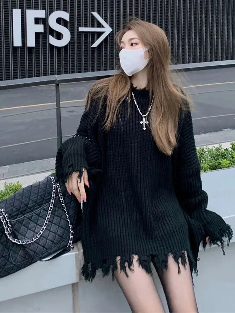 Harajuku Black Sweaters: Women's Gothic Punk Knitted Pullovers, Autumn ...