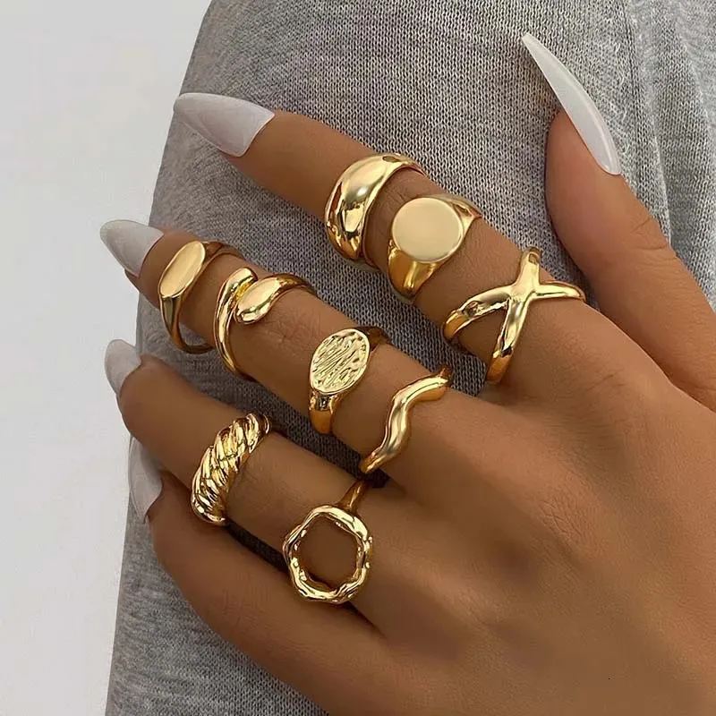 Gold Color Smooth Geometric Open Rings Set For Women Men, Exaggerated ...