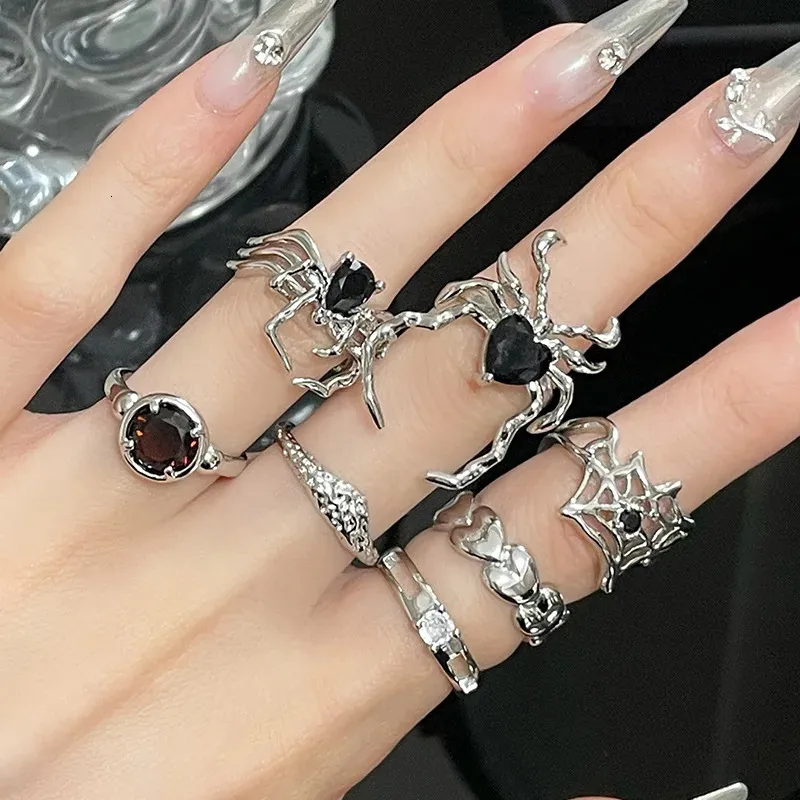 Gothic Spider Web Zircon Rings For Women Black Crystal Punk Grunge Open ...