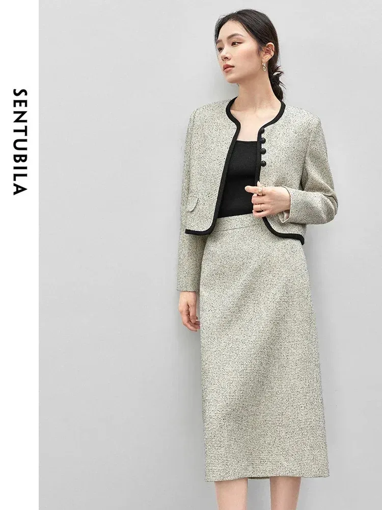 SENTUBILA Womens Tweed Two Piece Skirt Set Contrast Trim Short Jacket ...