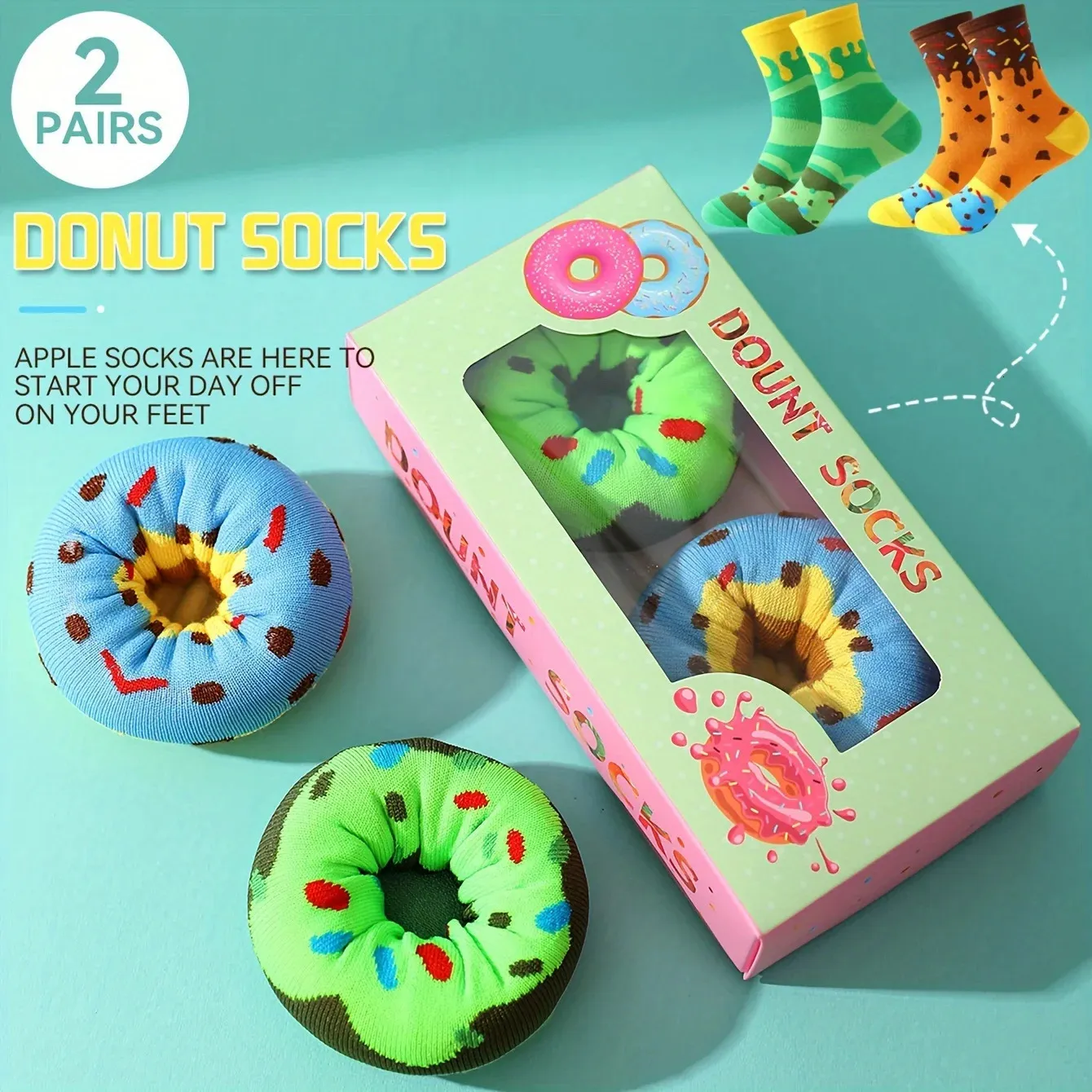 Two Pairs Colorful Donut Pattern Wave Socks Creative Gift Box For ...