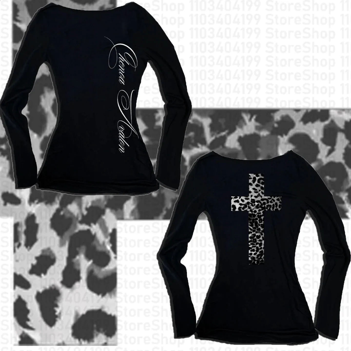 Gothic Leopard Print Cross Printing Women Long Sleeve Tee Casual Slim ...